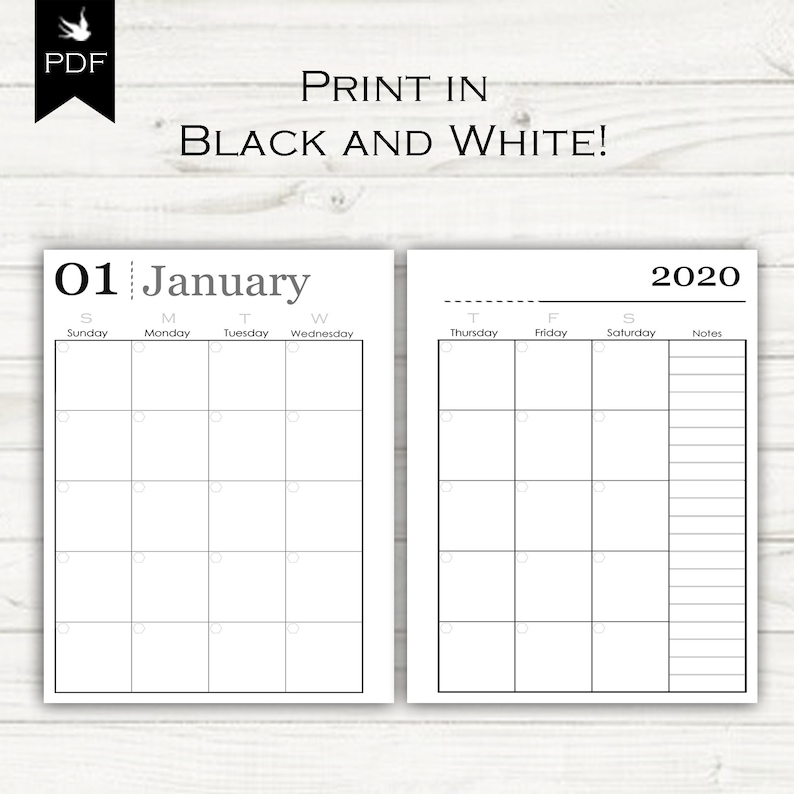 Month on Two Pages Monthly Calendar 2020! A5 and A4, Half Page and Full ...