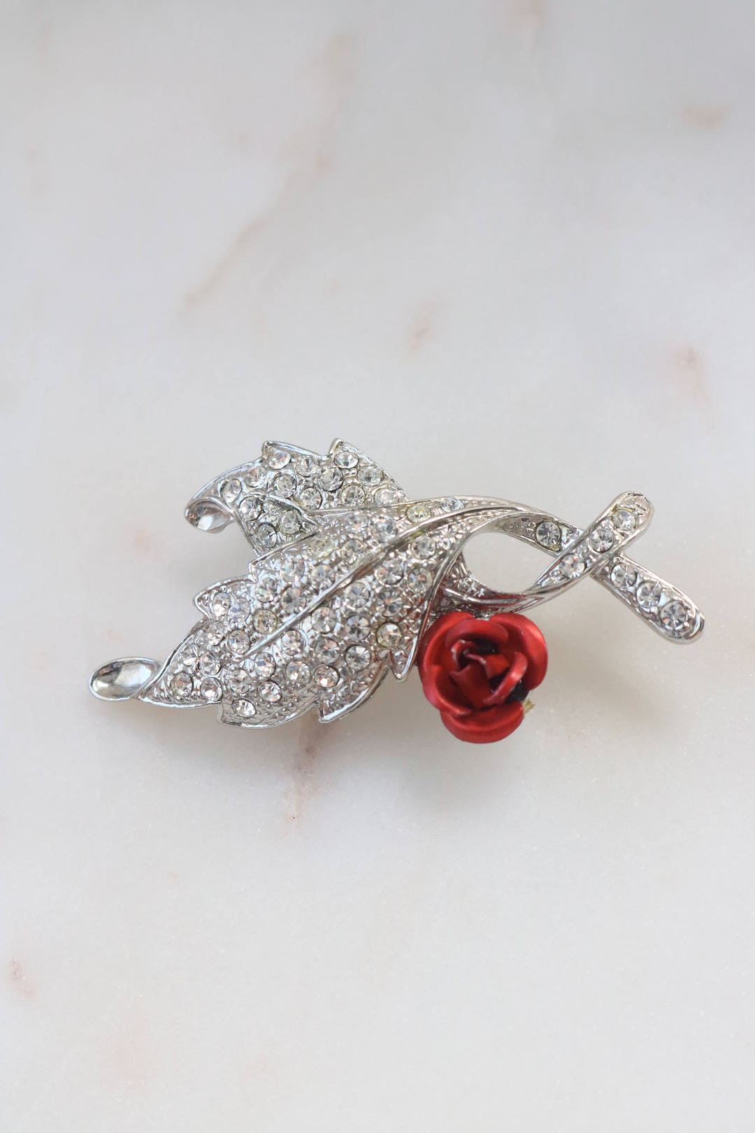 Vintage Rhinestone Leaf Brooch - Red Rose Brooch - Gift for Her - Leaf ...