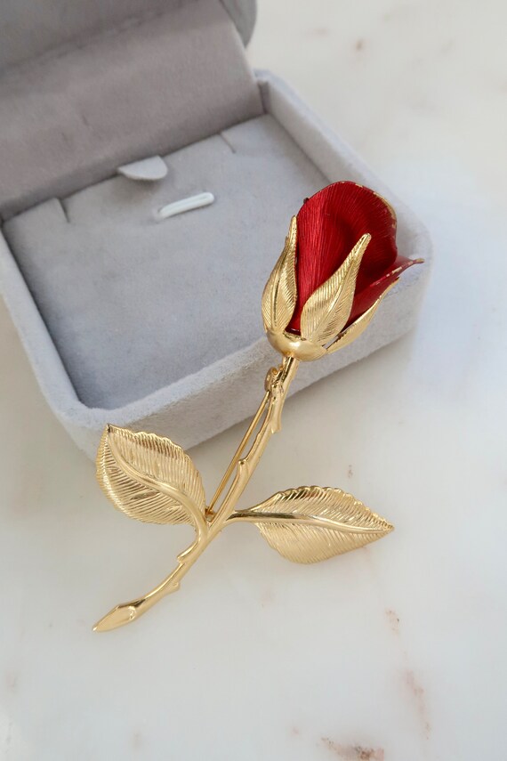 Vintage Red Rose Flower Brooch Pin 1960's - Gem
