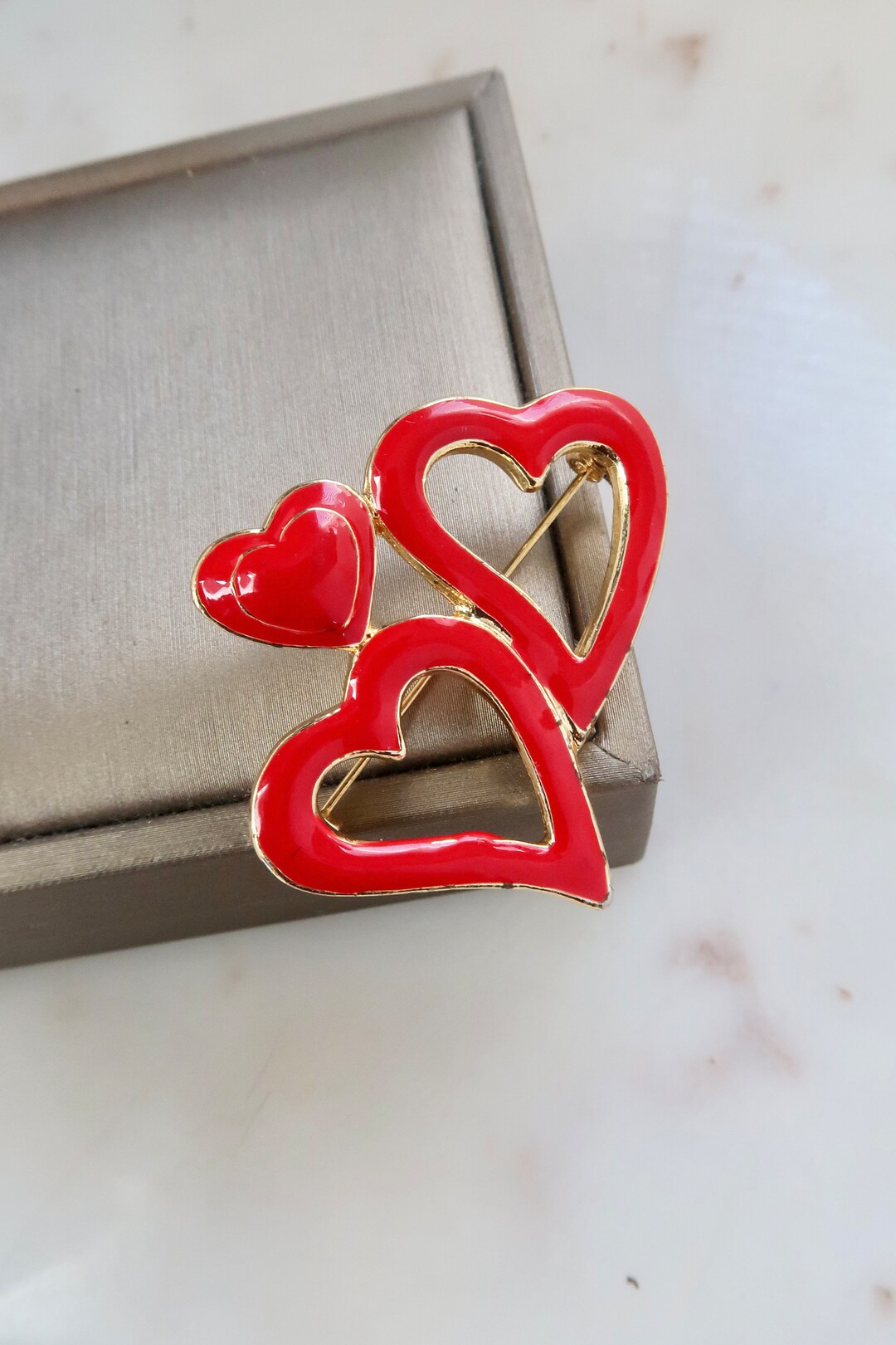 Vintage Red Enamel Hearts Brooch - Etsy