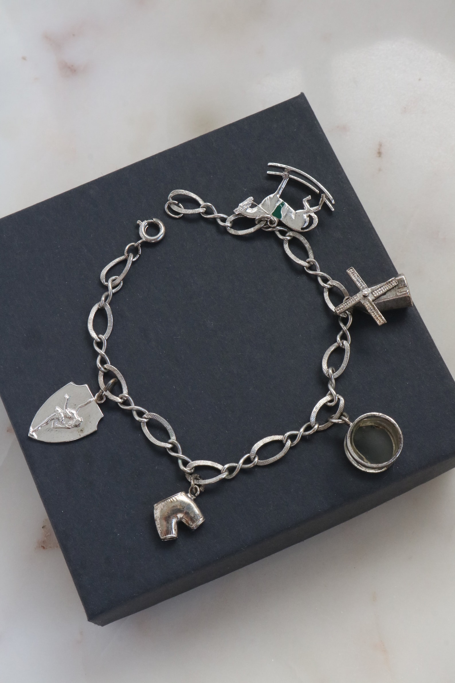 Vintage Sterling Silver Charm Bracelet: Rocking Horse, Windmill ...