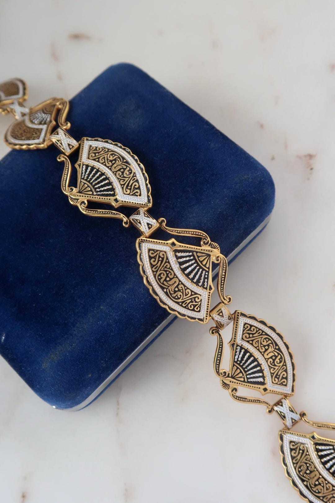 Vintage Spain Damascene Fan Link Bracelet - Etsy