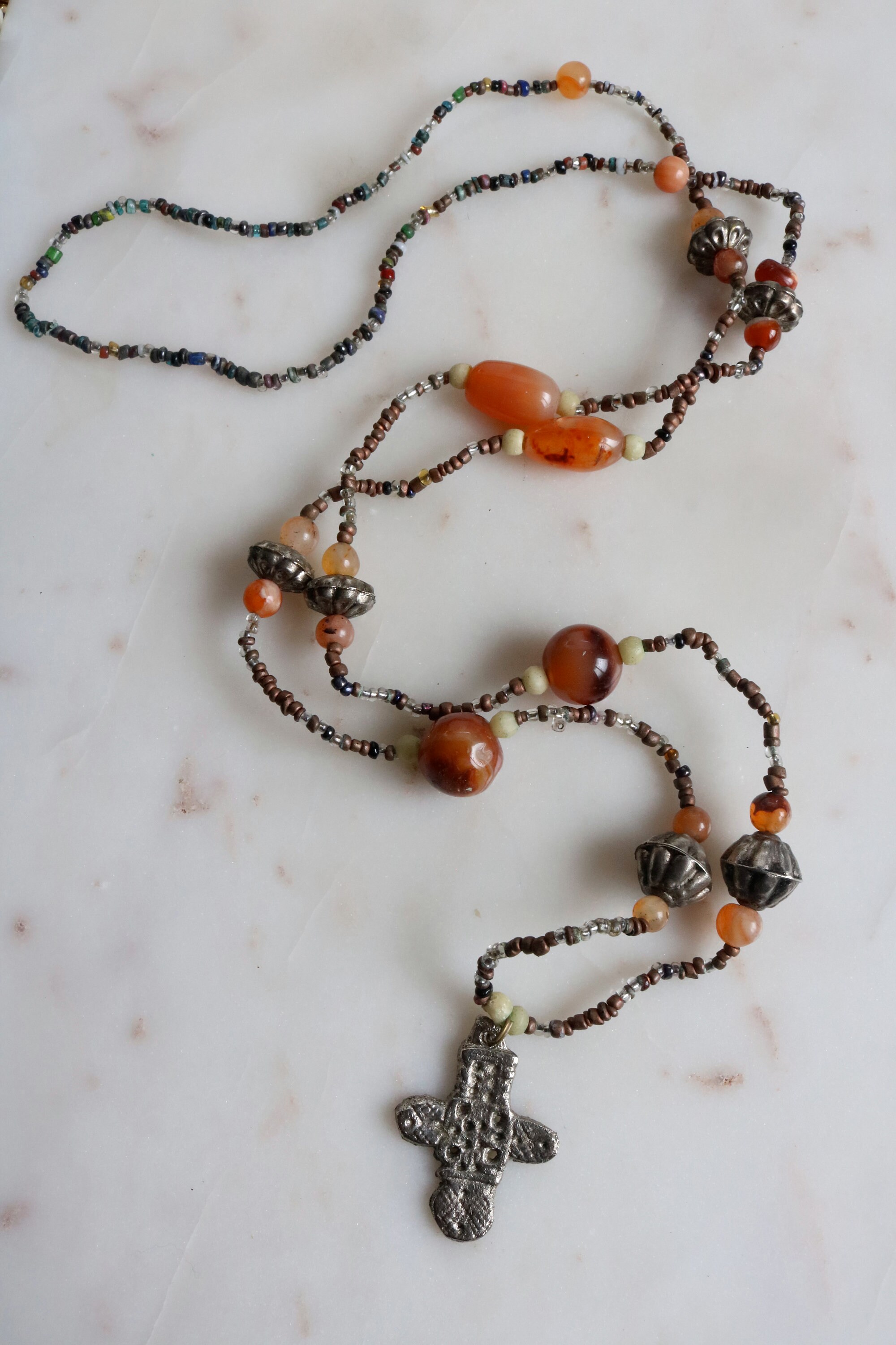 Vintage Long Beaded Cross Necklace Natural Agate Bead | Etsy