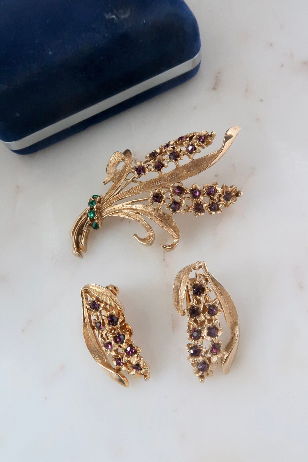 Vintage DODD'S Floral Gold Brooch & Earrings Set Purple Crystal Flower ...
