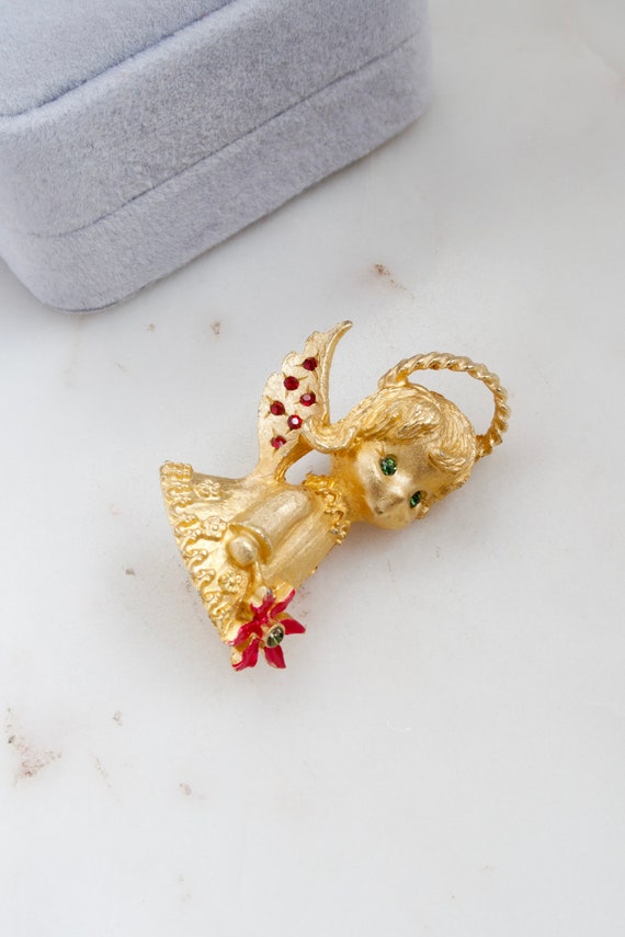 Vintage angel brooch, red rhinestone angel pin, pewte… - Gem