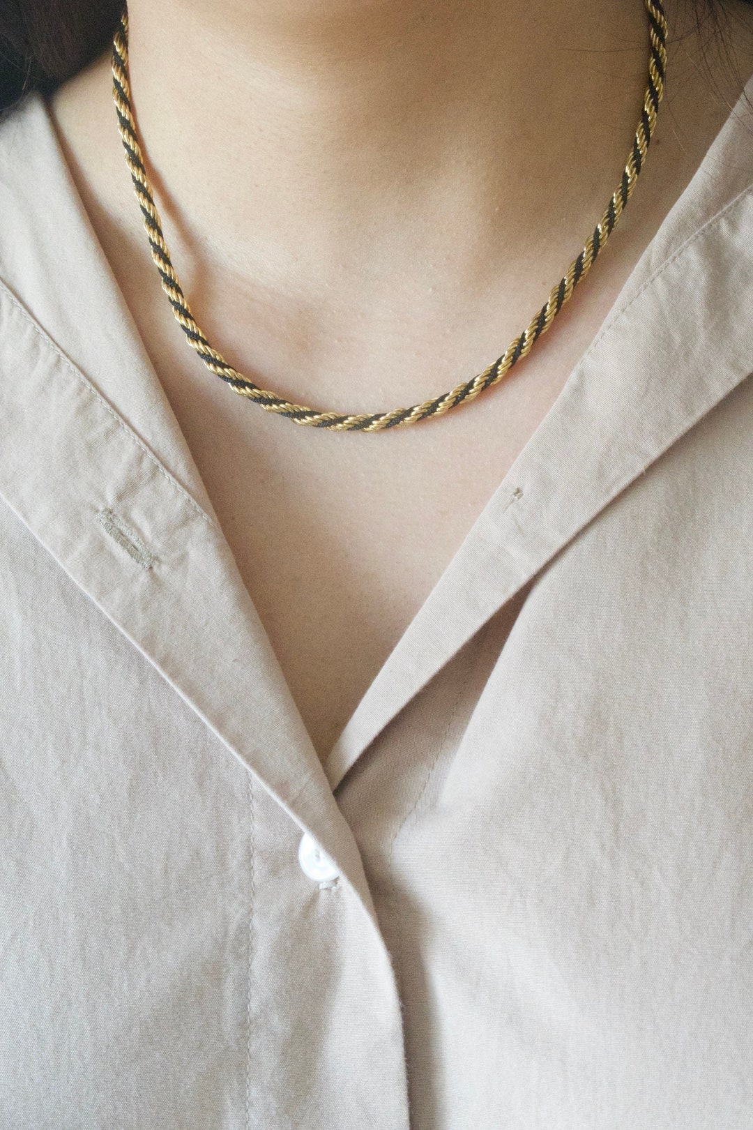 Vintage 1970s Trifari Twisted Gold Chain Necklace Black Gold Twisted ...