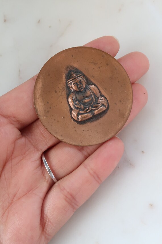 Vintage Copper Buddha Brooch Praying Buddha Pin Circl… - Gem