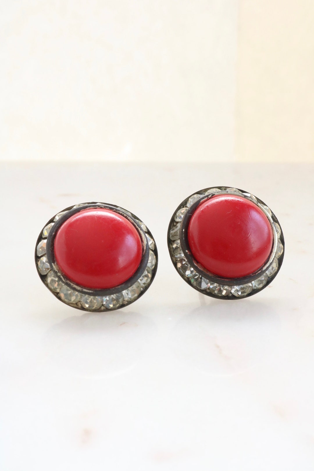 Vintage 1960s Red Rhinestone Button Earrings - Etsy