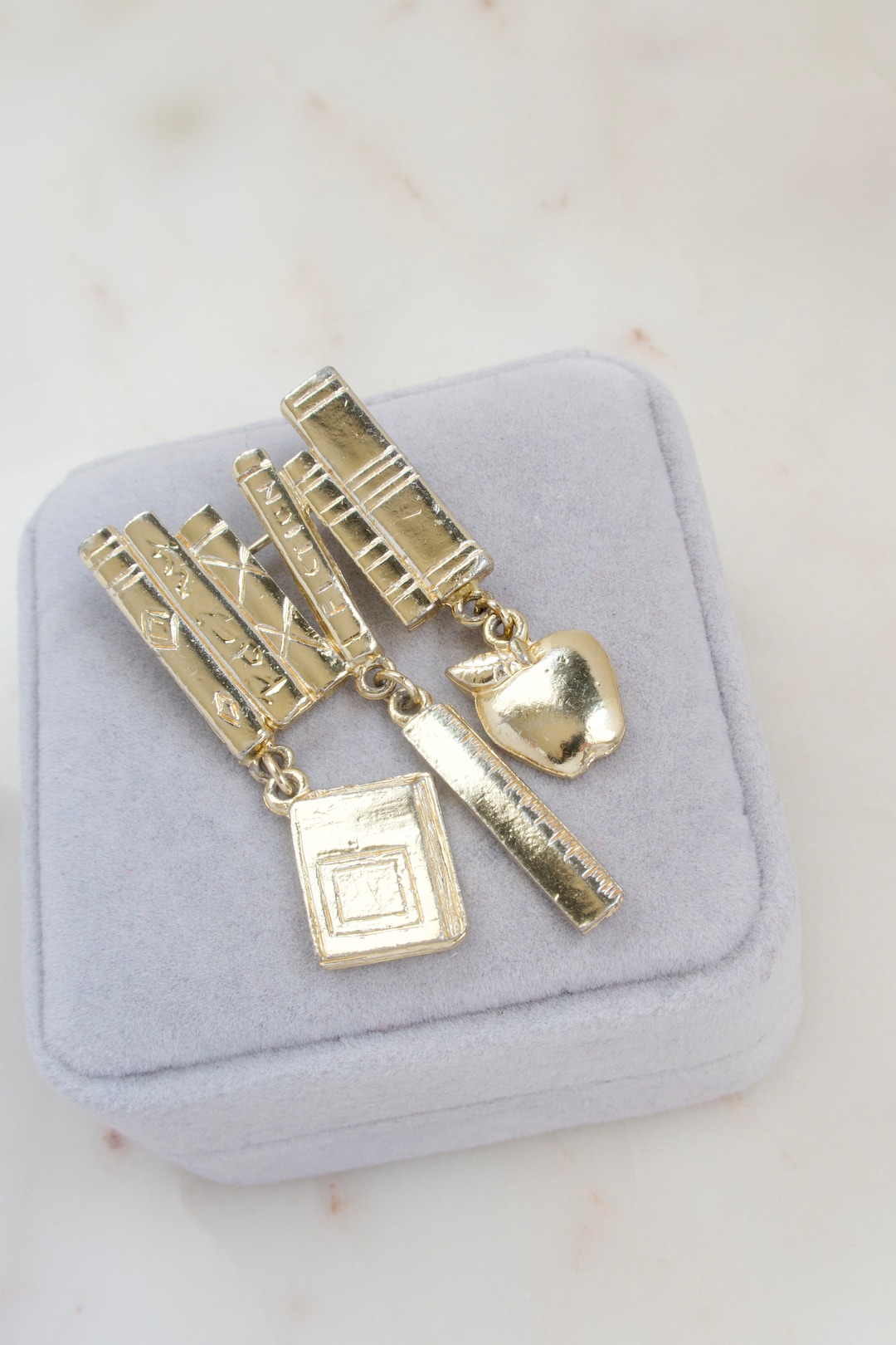 Vintage Gold Books Brooch - Apple Ruler Dangle Brooch - Teacher Brooch ...