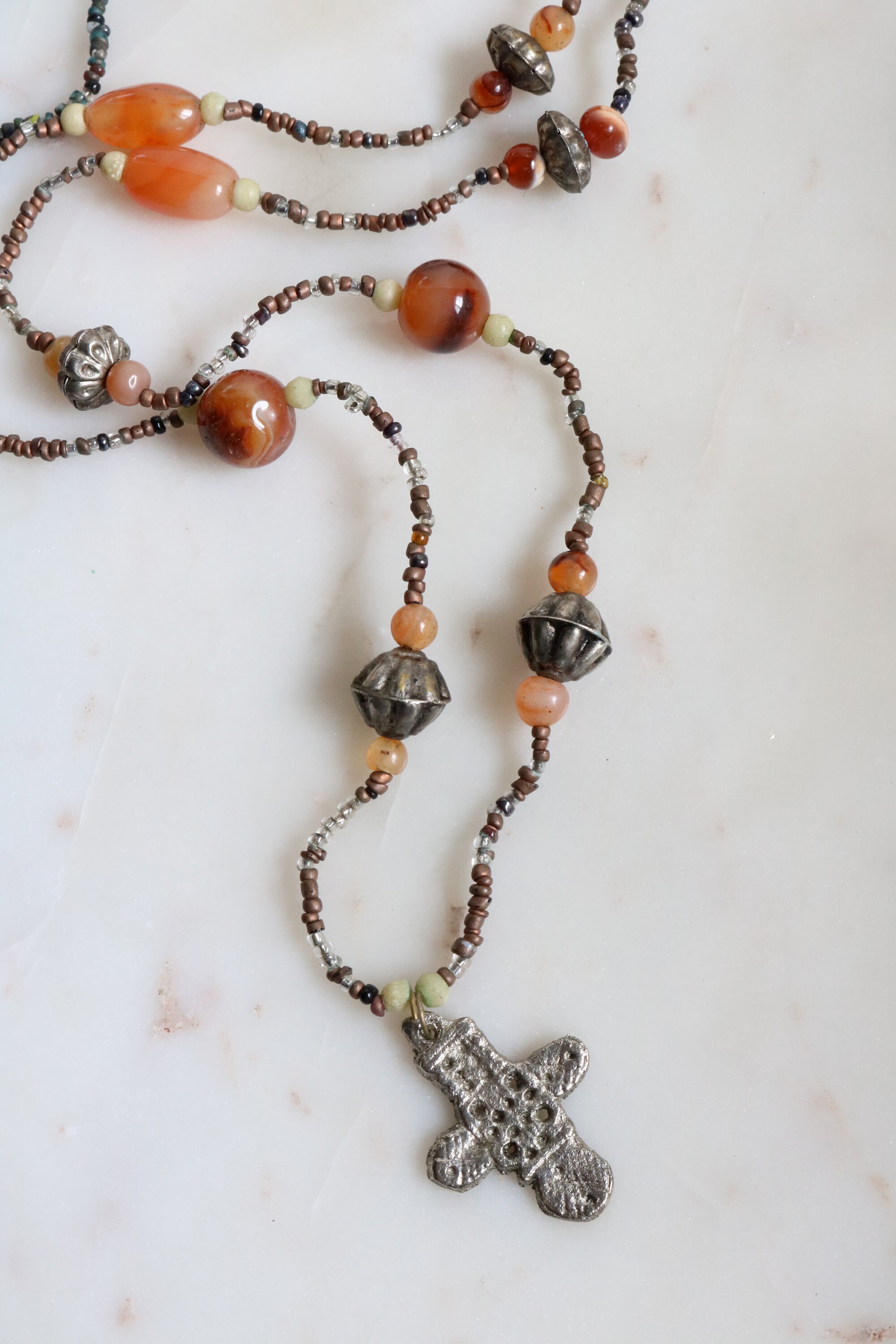 Vintage Long Beaded Cross Necklace Natural Agate Bead | Etsy