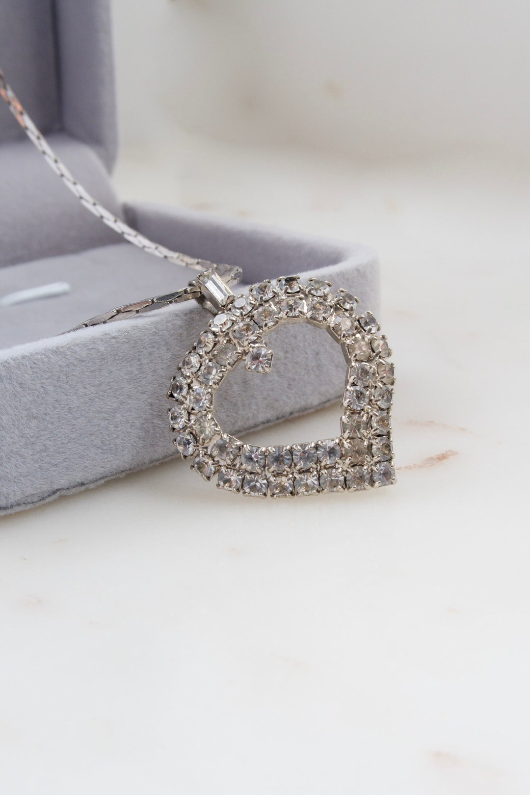 Vintage Rhinestone Heart Pendant Necklace - Heart Necklace - Gift for ...