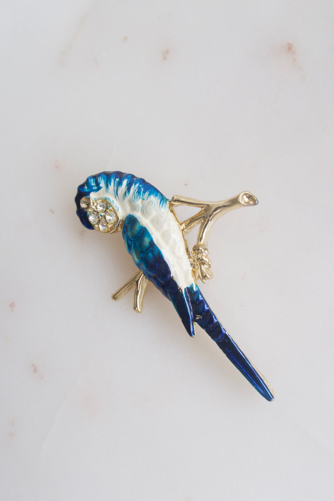 Vintage Blue and White Enamel Parrot Brooch - Blue Parrot Pin - Bird ...