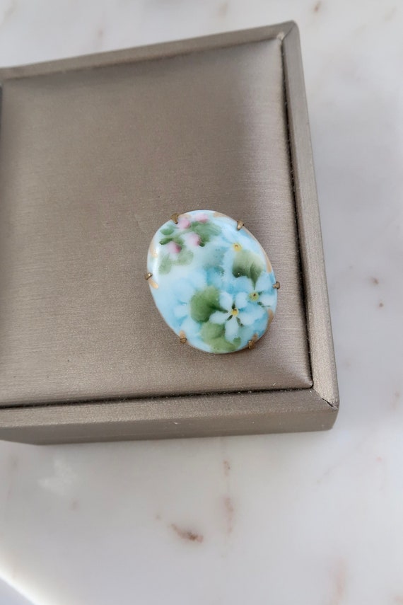 Victorian Hand Painted Floral Porcelain Pin - Gem