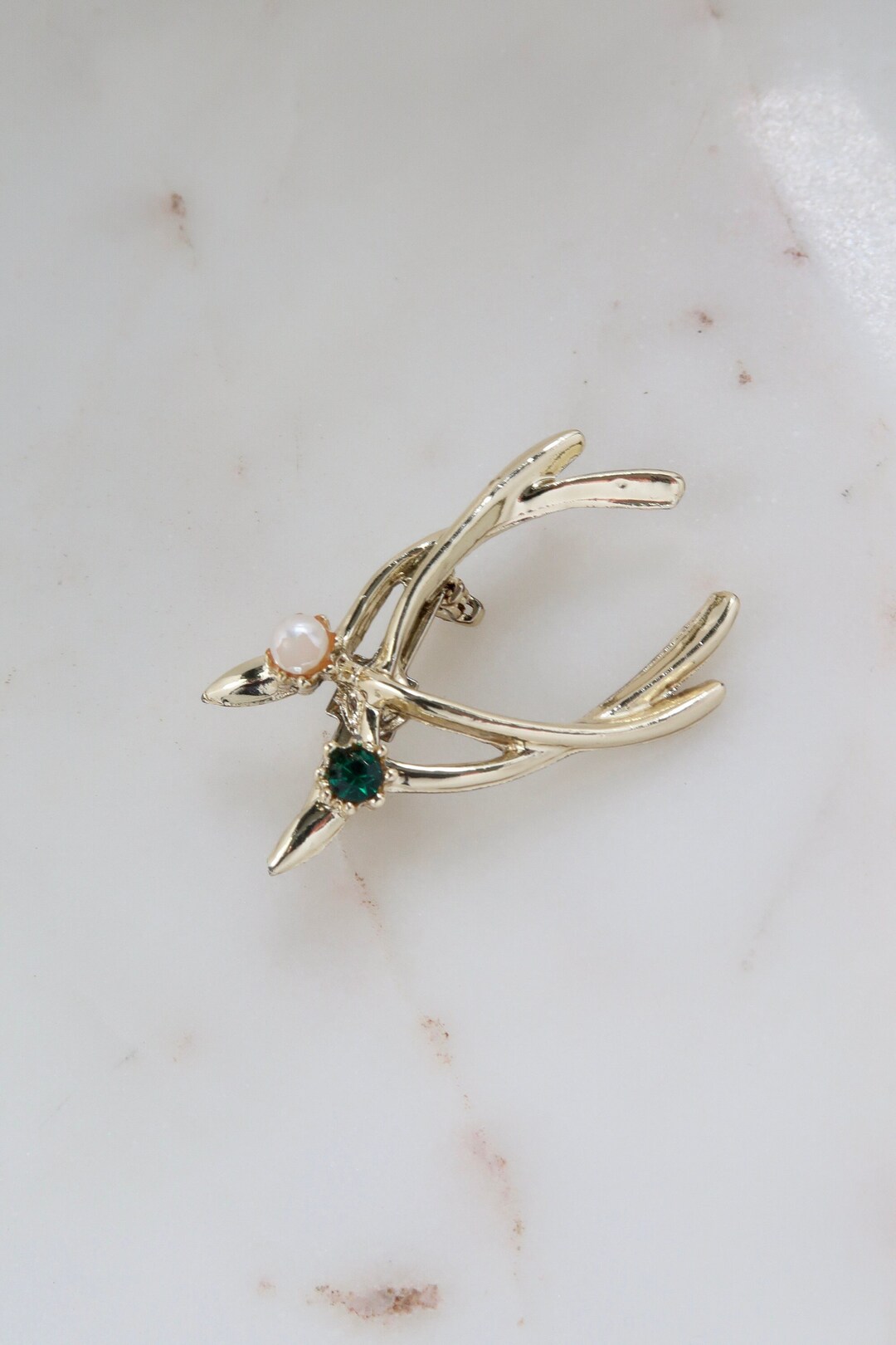 Vintage Gold Wishbone Brooch Double Wishbone Pin Pearl Wishbone Brooch ...