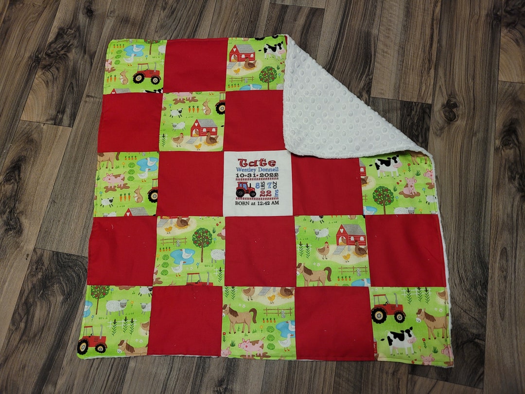 Barnyard BIRTH STATS Baby Blanket, Tractor, Barn, Cow, Farm Animals - Etsy