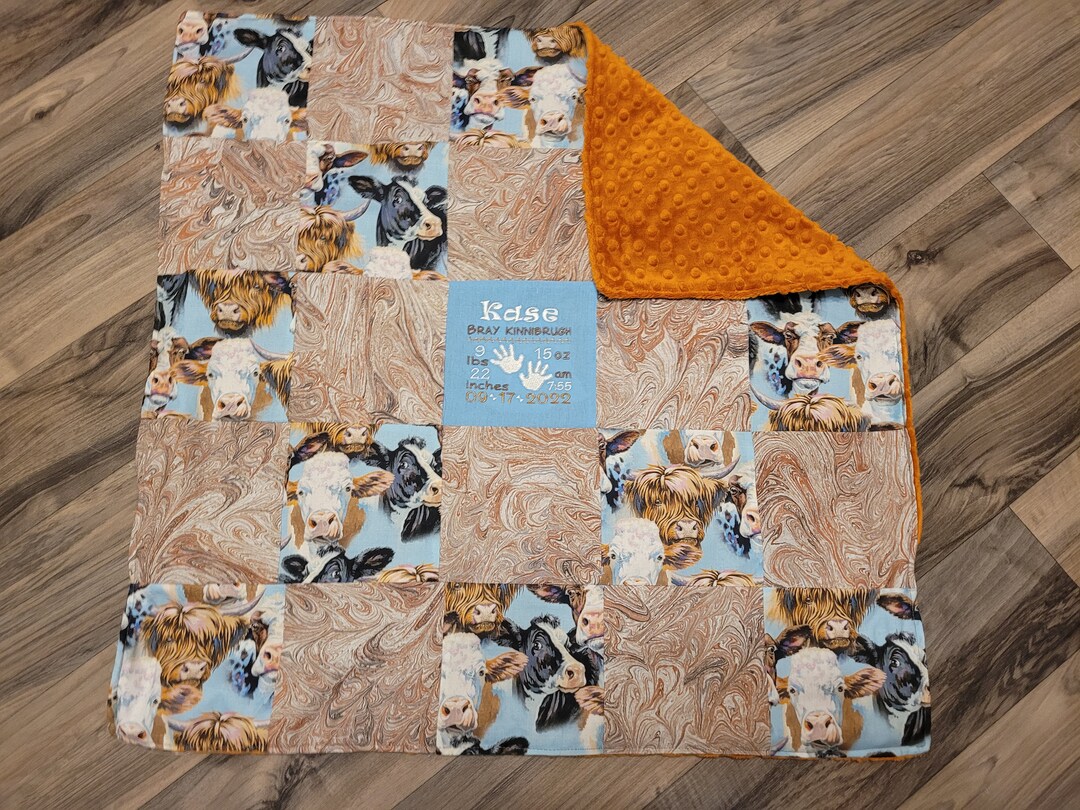 Highlander Cow BIRTH STATS Baby Blanket, Cotton, Minky, Patchwork ...