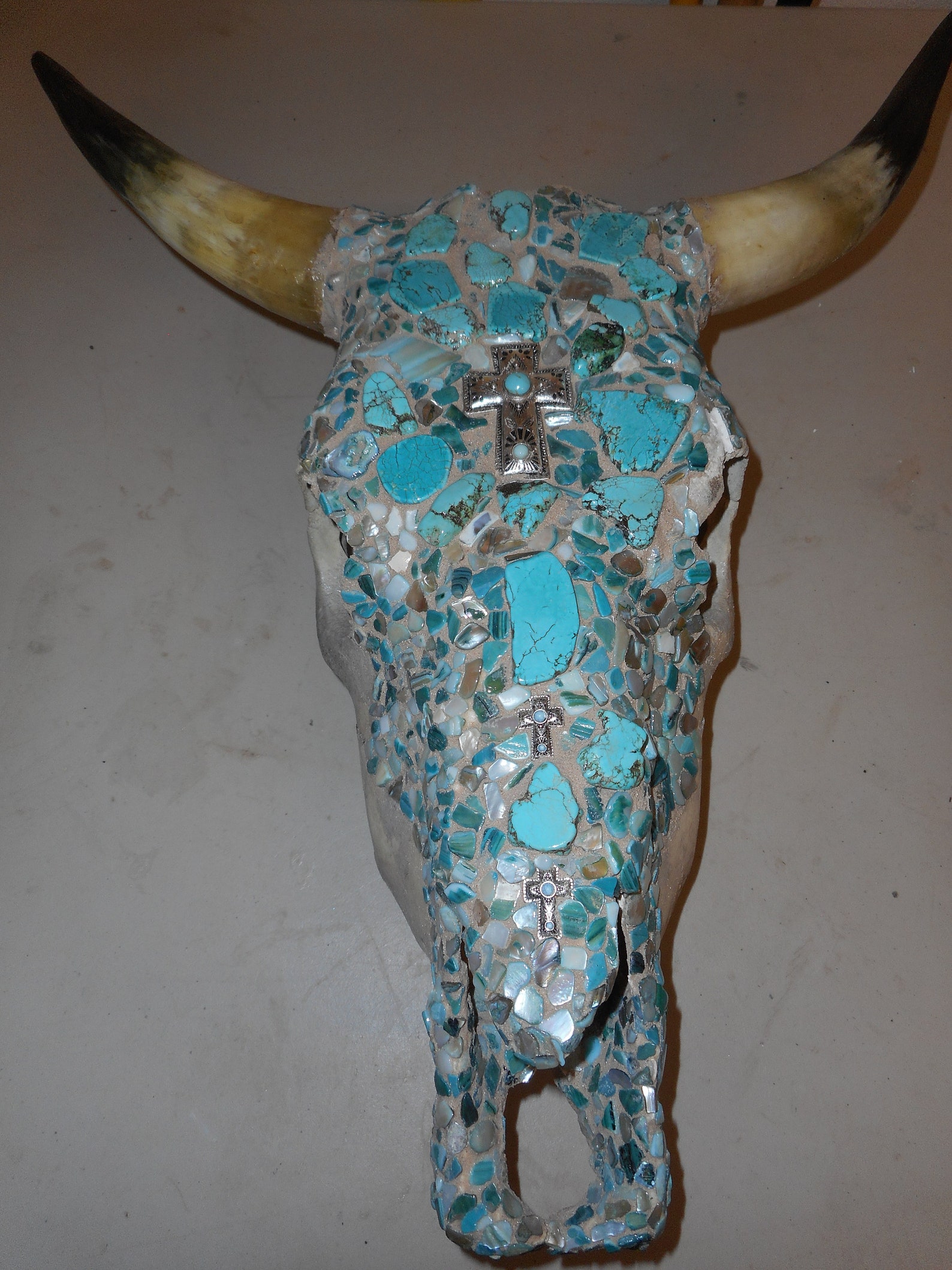 Steer Skull Real Mosaic Turquoise With a Silver & Turquoise Cross 21 ...