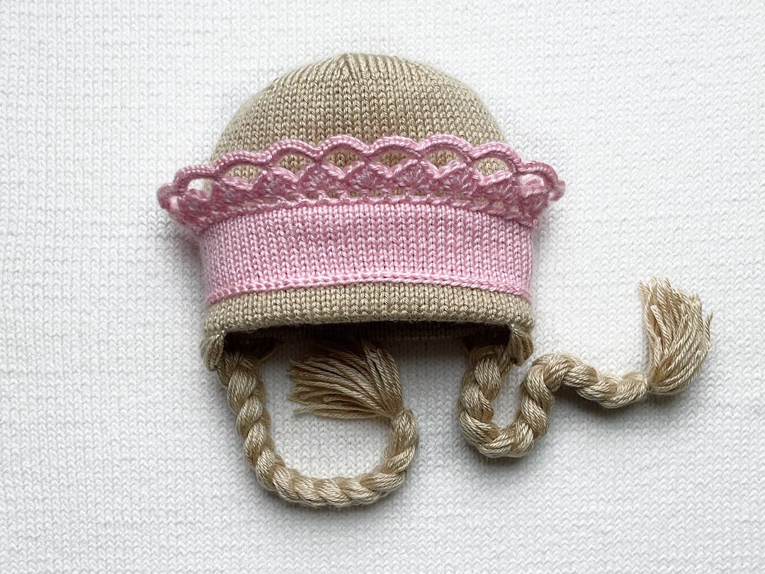 Knit Pink Princess Hat With Crown and Braids, Pigtail Hat for Girl ...
