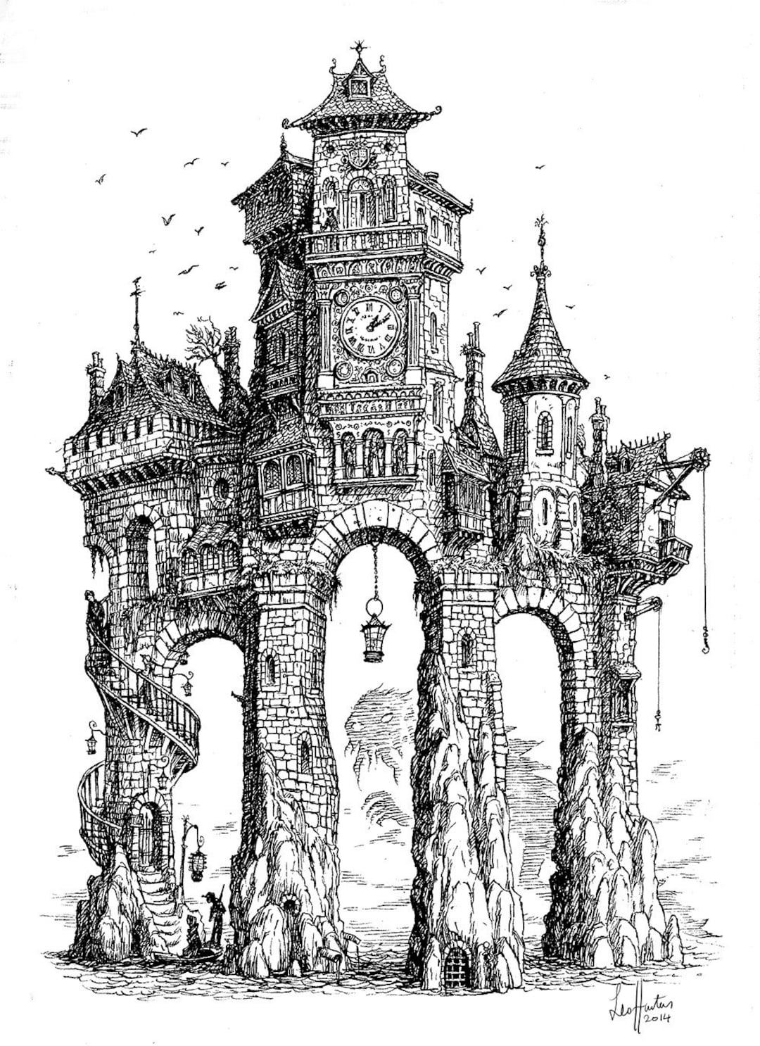 Fantasy Clock Tower at Sea Print With Cthulhu Type Monster Lurking in ...