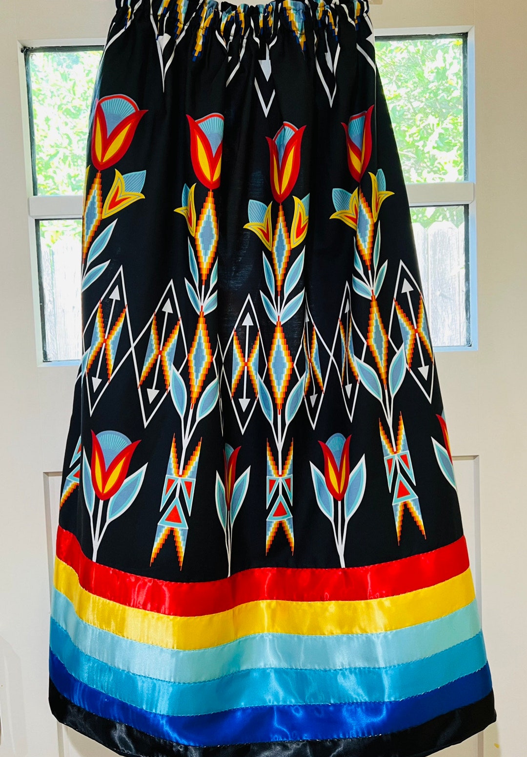 GORGEOUS Ribbon Skirt Beautiful Tulip Print Black With Rainbow Ribbons ...