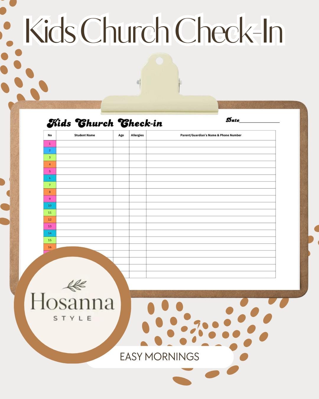 Kids Church Check in Sheet Printable | Sunday School Attendance Log ...