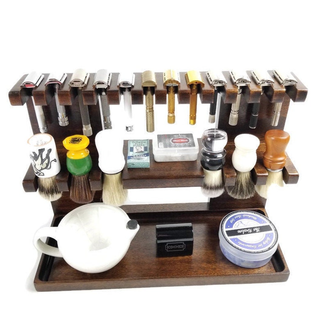 The Ultimate Wood Shaving 12 DE Razor and 6 Brush Double Decker Stand ...