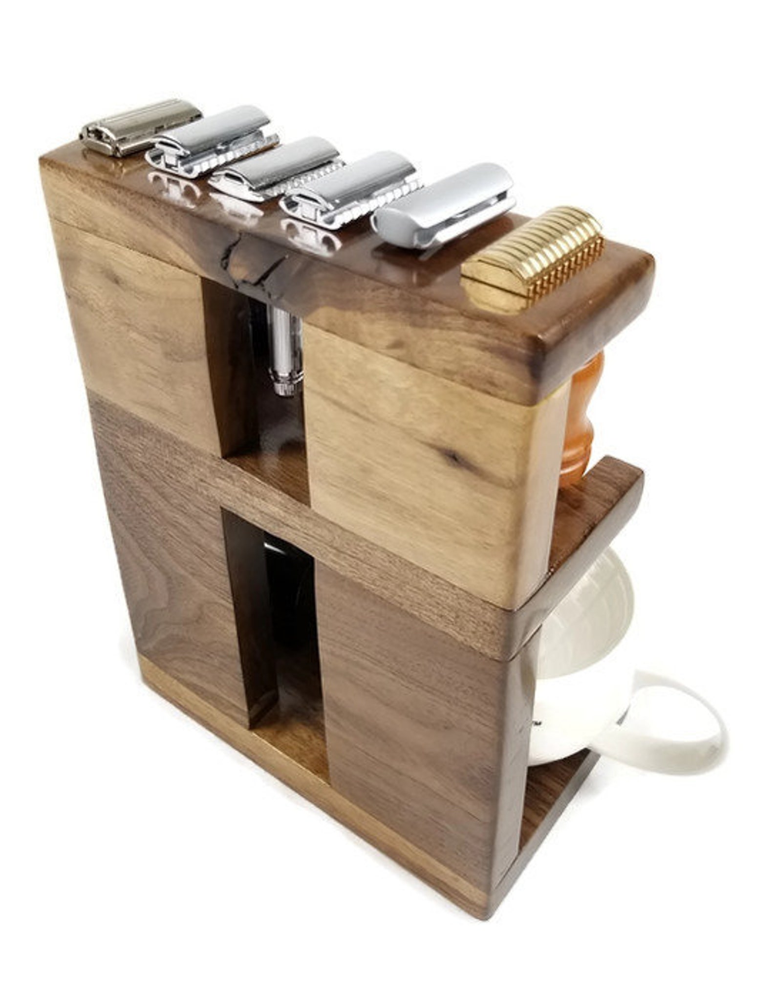 Safety Razor and Shaving Brush Stand Double Decker Wooden, Room for ...