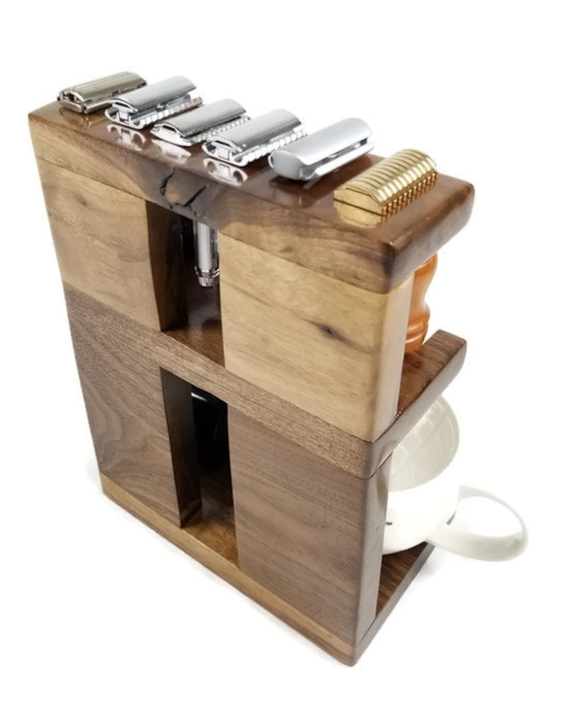 Safety Razor and Shaving Brush Stand Double Decker Wooden, Room for ...