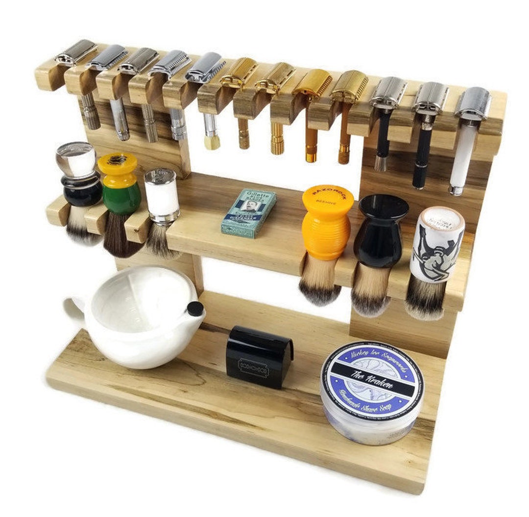 The Ultimate Wood Shaving 12 Razor and 6 Brush Double Decker Stand 16 ...