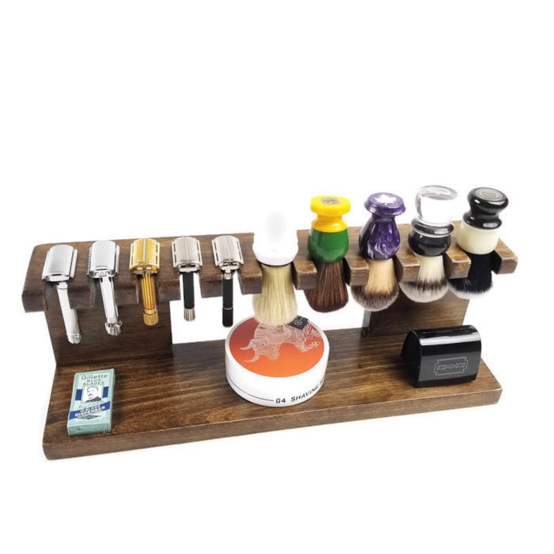 Safety Razor Shaving Brush Wood Stand, W/dark Brown Stain up to 5 Slots ...