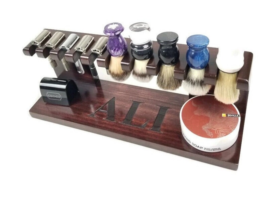 Safety Razor Shaving Brush Stand, Wood W/dark Cherry Stain up to 5 ...
