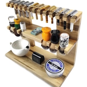 The Ultimate Wood Shaving 12 Razor and 6 Brush Double Decker Stand 16 ...