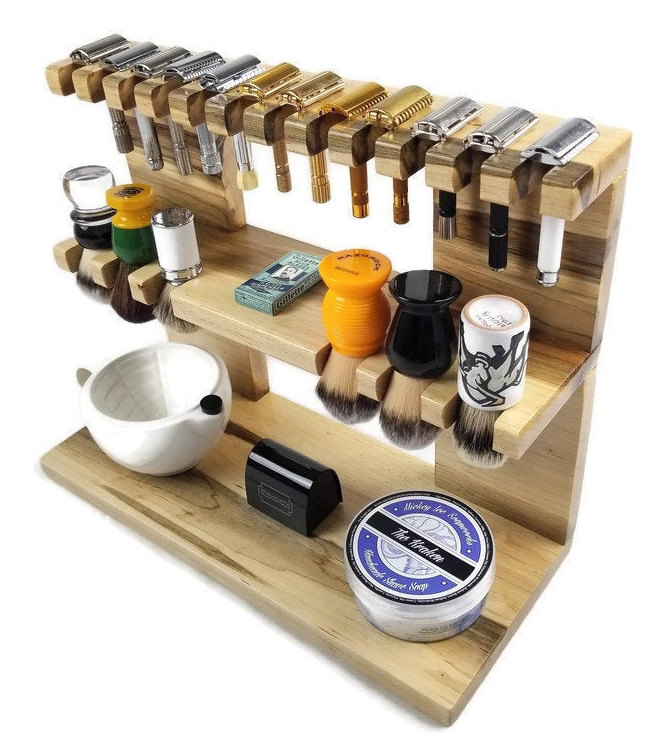 The Ultimate Wood Shaving 12 Razor and 6 Brush Double Decker Stand 16 ...