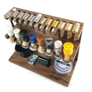 The Ultimate Wood Shaving 12 DE Razor and 8 Brush Double Decker Stand ...