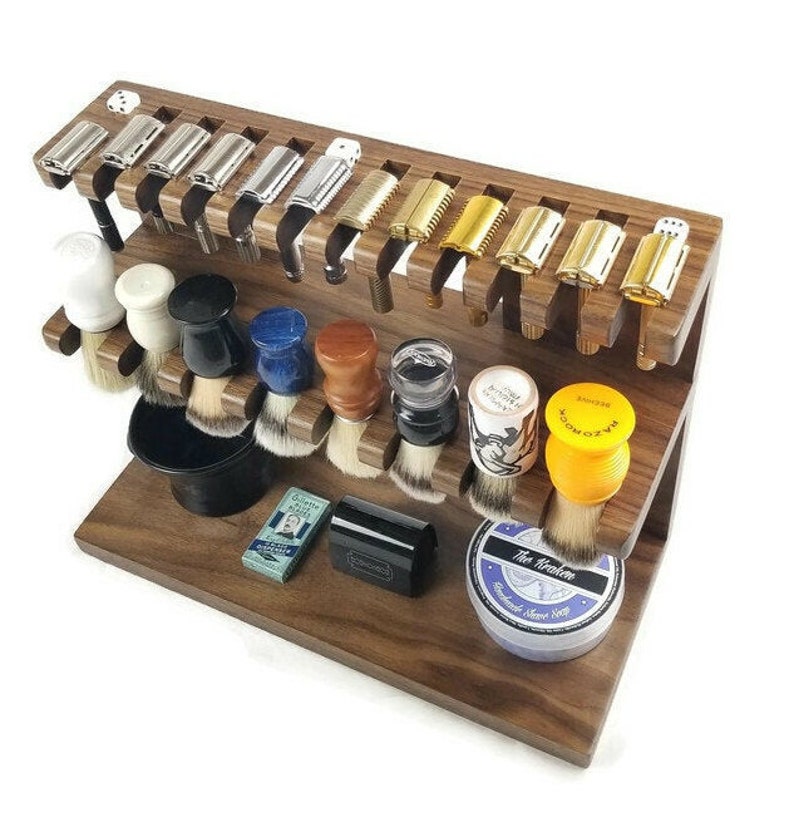 The Ultimate Wood Shaving 12 DE Razor and 8 Brush Double Decker Stand ...