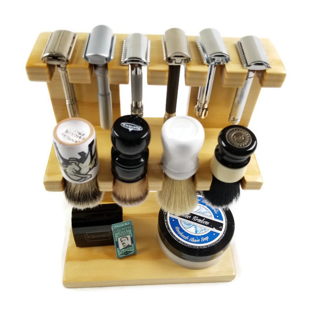 Safety Razor and Shaving Brush Stand Double Decker Wooden, Room for ...