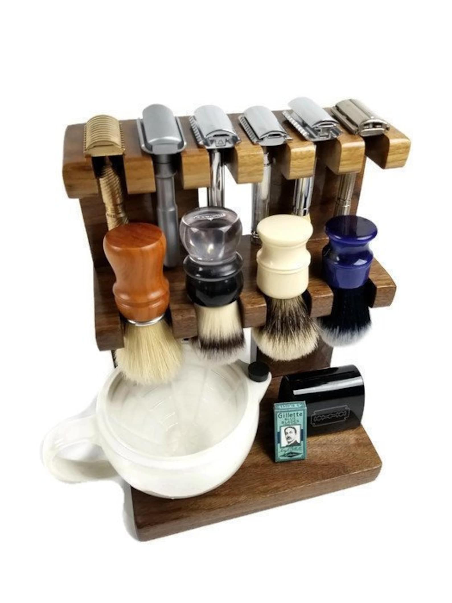 Safety Razor and Shaving Brush Stand Double Decker Wooden, Room for ...