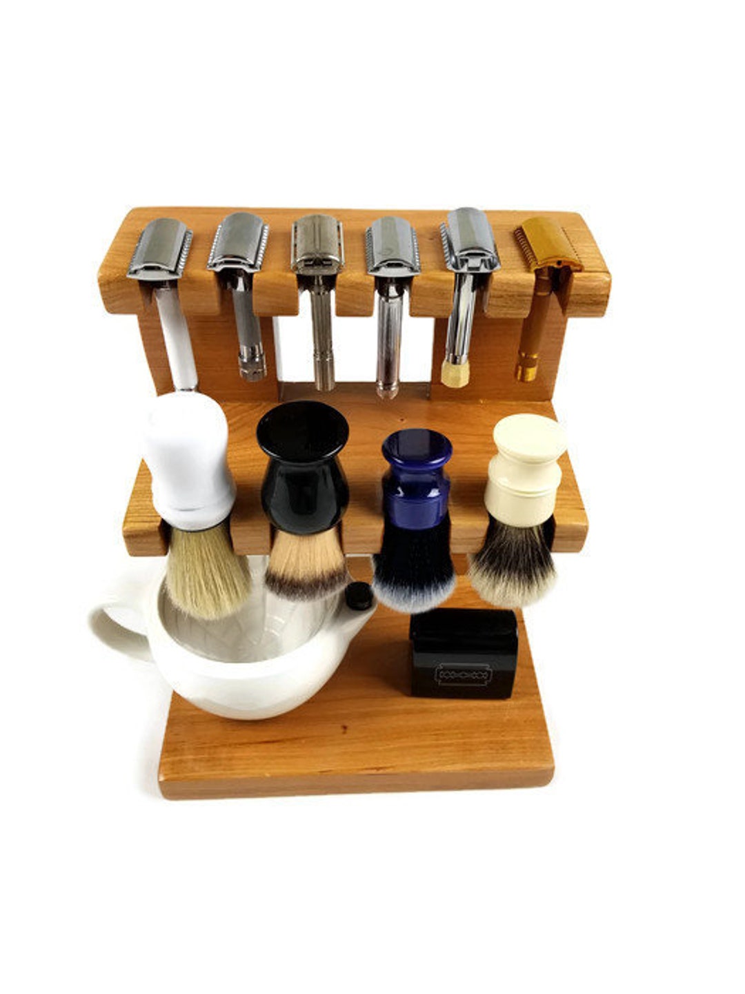 Safety Razor and Shaving Brush Stand Double Decker Wooden, Room for ...