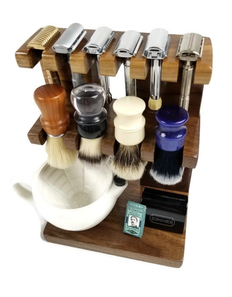 Safety Razor and Shaving Brush Stand Double Decker Wooden, Room for ...