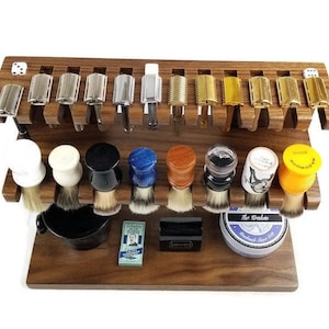 The Ultimate Wood Shaving 12 DE Razor and 8 Brush Double Decker Stand ...