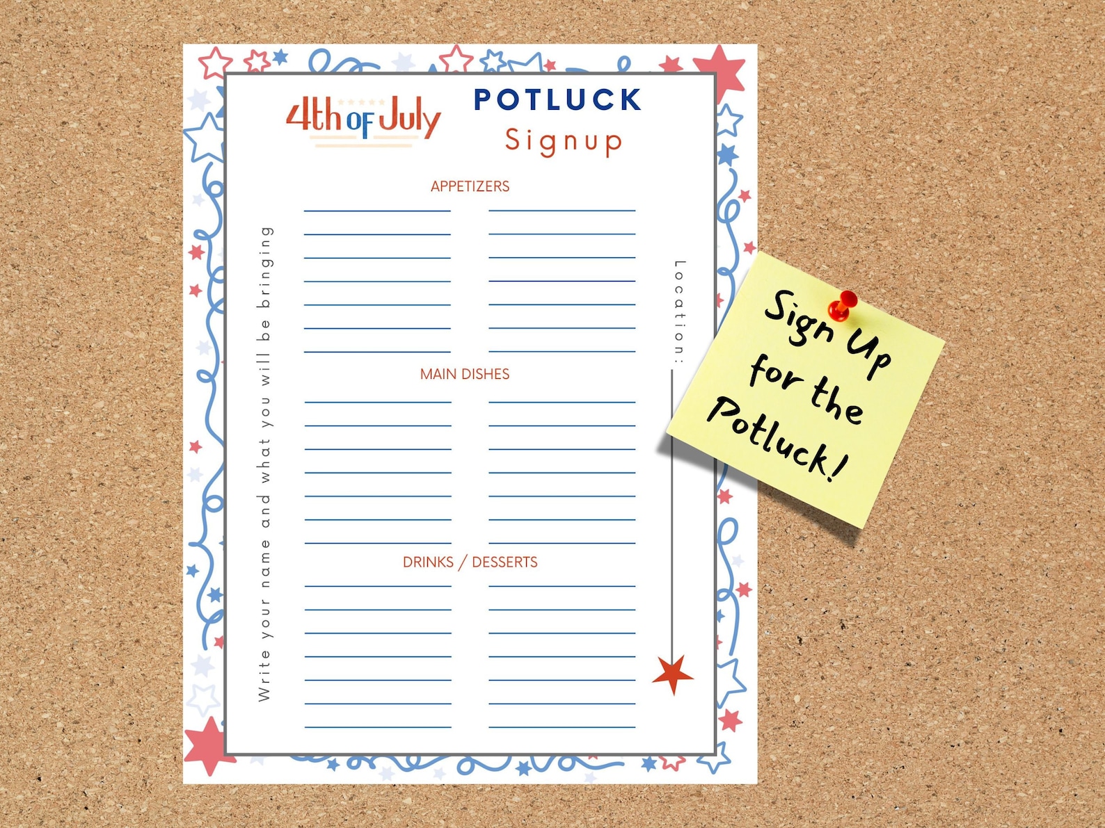 4th of July Potluck Sign up Sheet, Summer Potluck Sign up Sheet ...