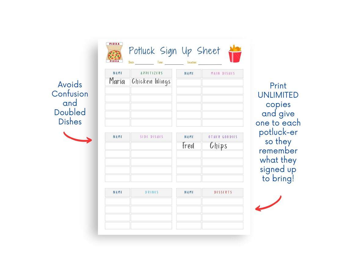 Potluck Sign up Sheet, Work Potluck Sign up Sheet, Food Sign up Sheet ...