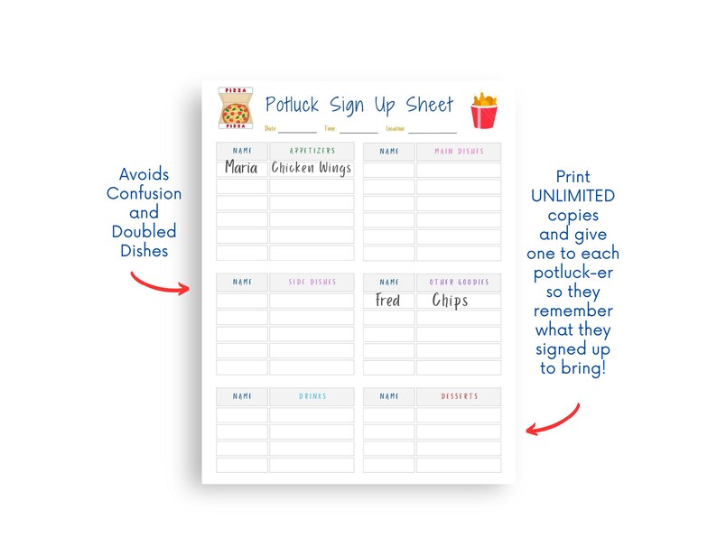 Potluck Sign up Sheet, Work Potluck Sign up Sheet, Food Sign up Sheet ...