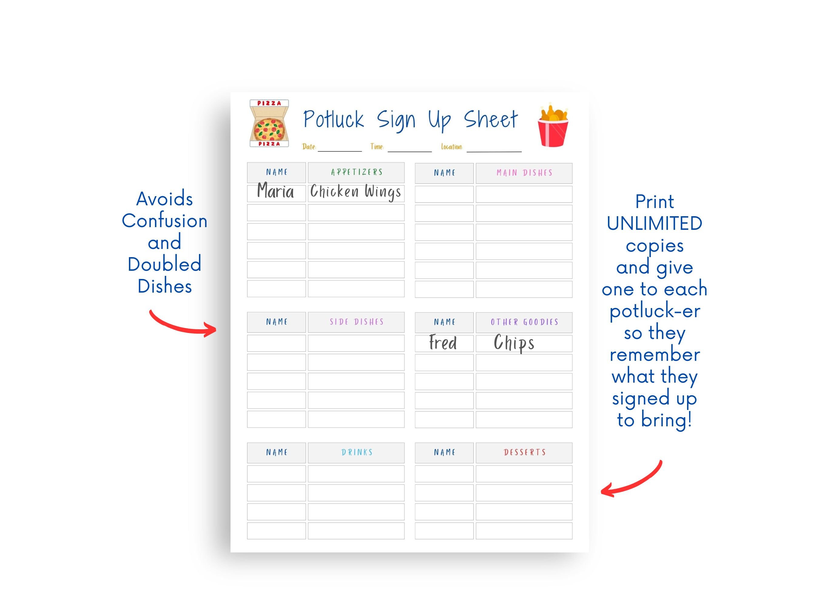 Potluck Sign up Sheet, Work Potluck Sign up Sheet, Food Sign up Sheet ...
