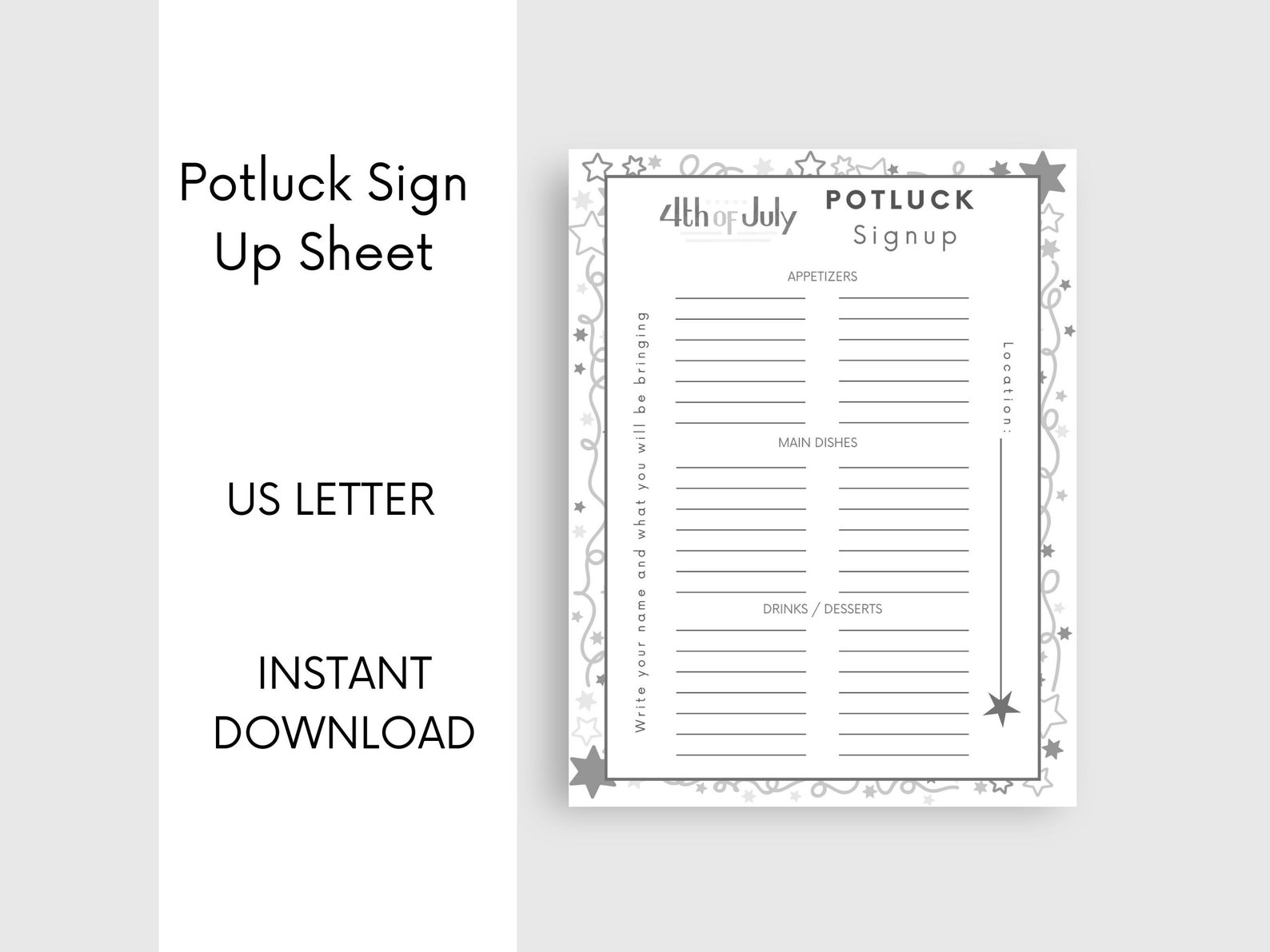GRAYSCALE 4th of July Potluck Sign up Sheet, Summer Cookout Sign up ...