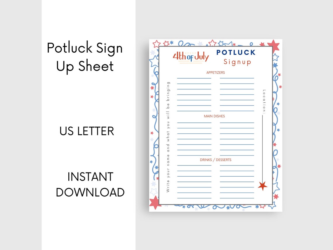 4th of July Potluck Sign up Sheet, Summer Potluck Sign up Sheet ...