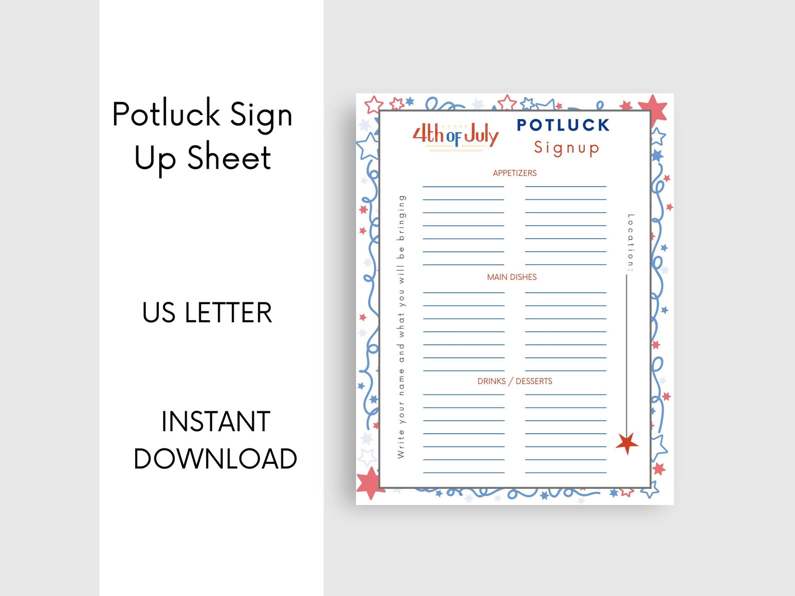 4th of July Potluck Sign up Sheet, Summer Potluck Sign up Sheet ...