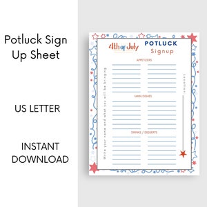 4th of July Potluck Sign up Sheet, Summer Potluck Sign up Sheet ...