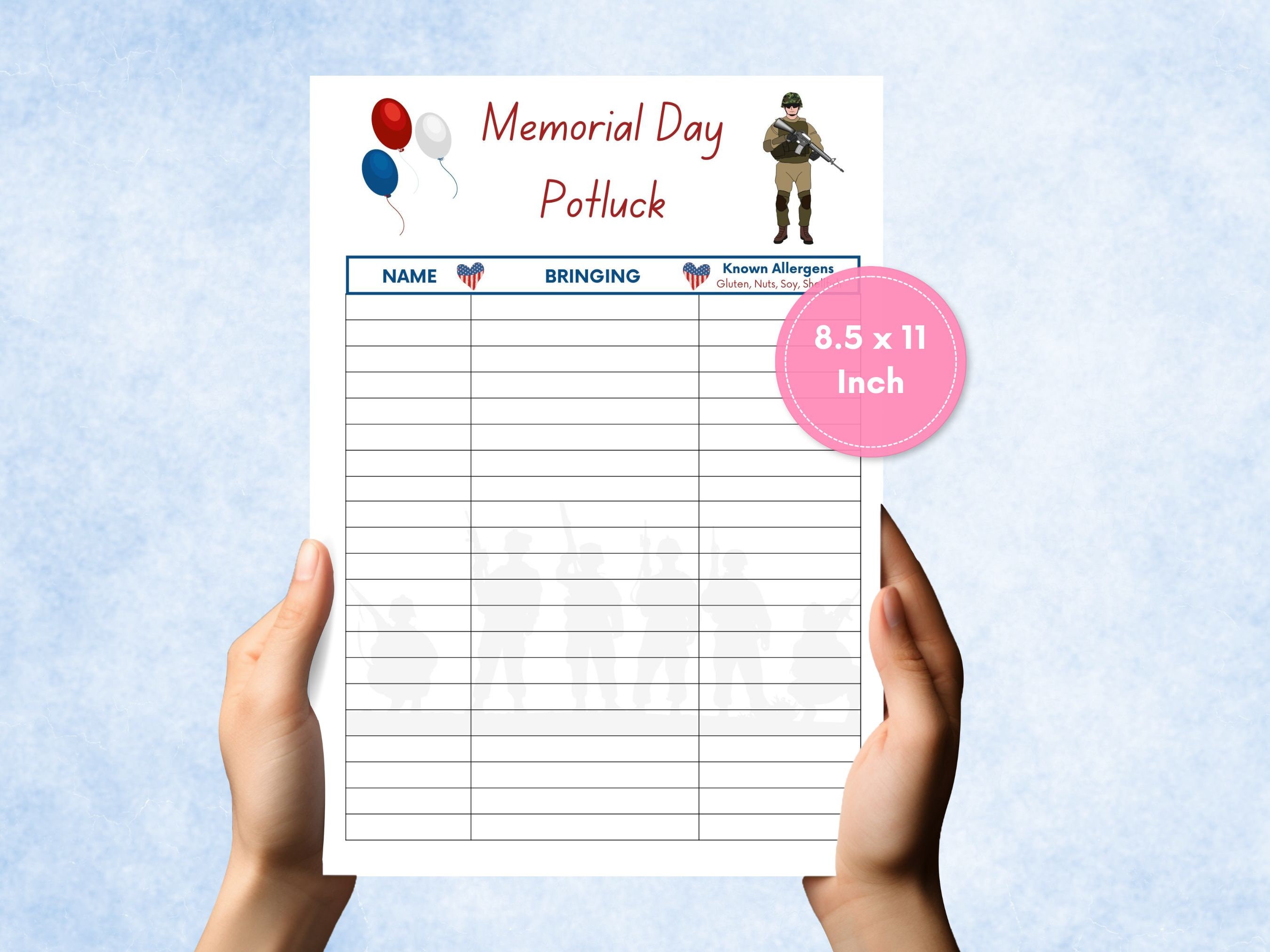 Memorial Day Potluck Sign up Sheet, BBQ Party, Potluck Party, Summer ...