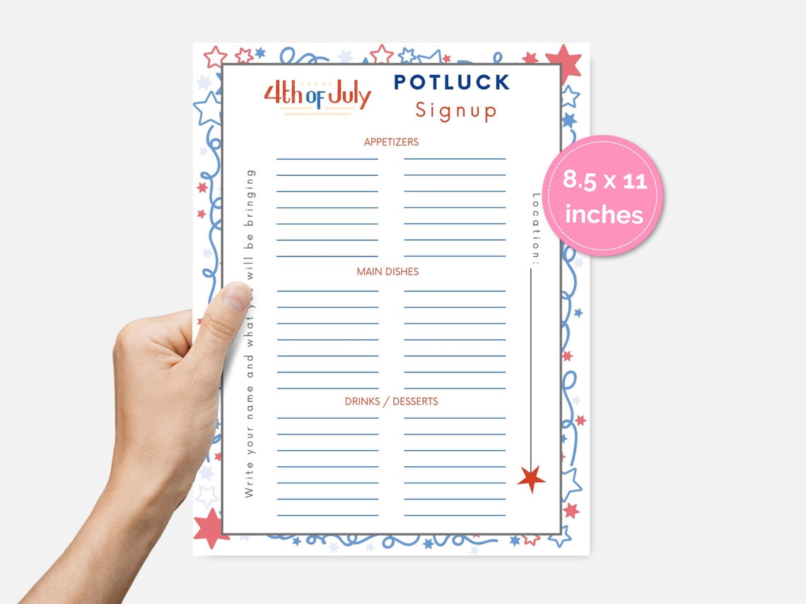 4th of July Potluck Sign up Sheet, Summer Potluck Sign up Sheet ...